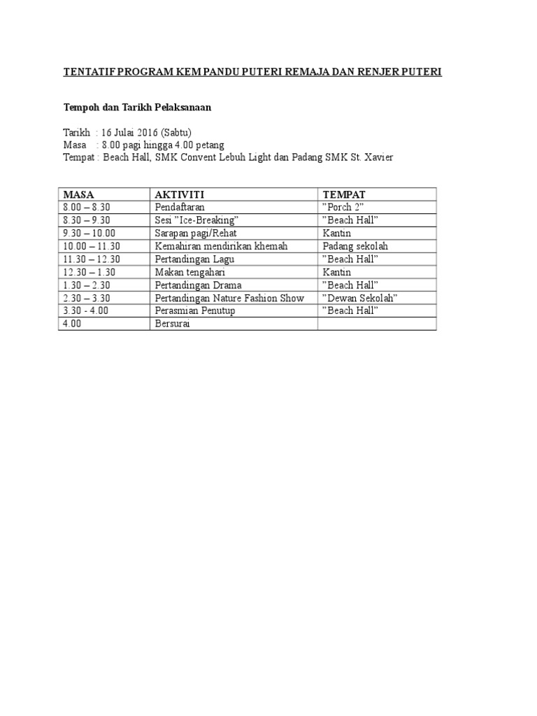 Tentatif Program Kem Pandu Puteri Remaja Dan Renjer Puteri | PDF