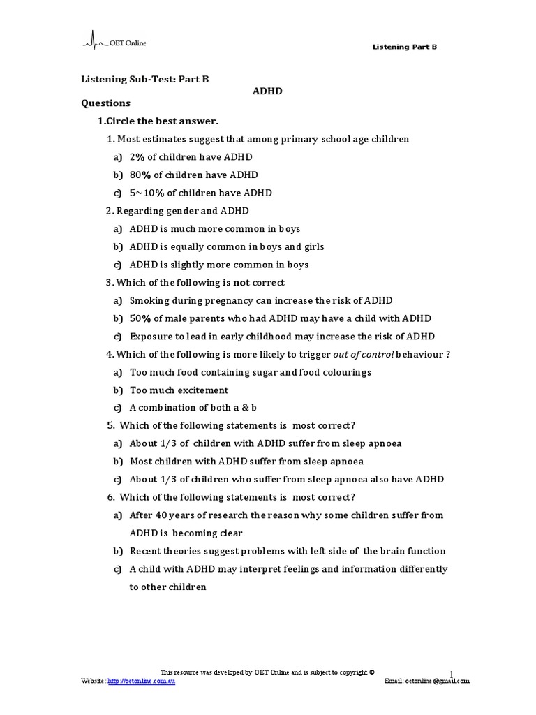 Adhd Questions 1. Circle The Best Answer.: Listening Sub - Test: Part B ...