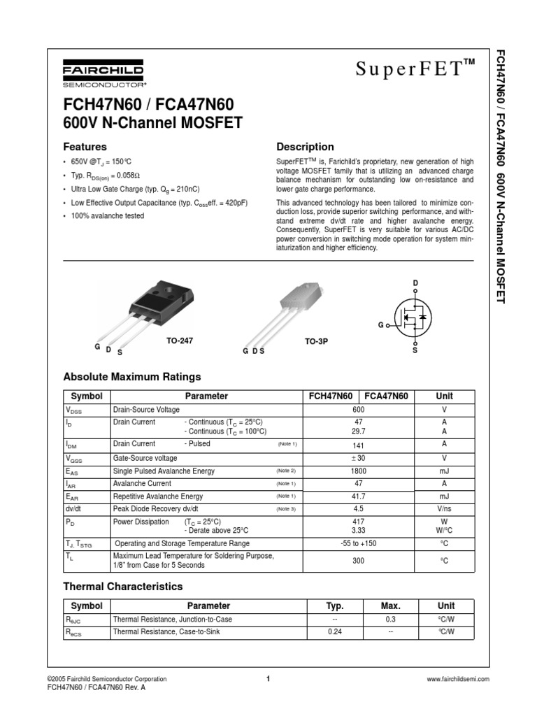 47N60 FCA MOSFET N-Channel PDF | PDF | Field Effect Transistor ...