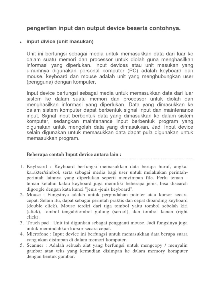 Makalah Pengertian Input Dan Output Device Beserta Contohnya | PDF