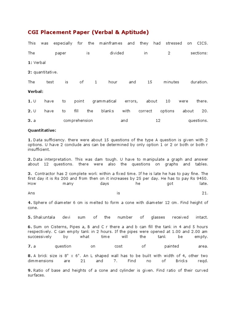 CGI Placement Paper (Verbal & Aptitude) | PDF | Databases | Method (Computer Programming)