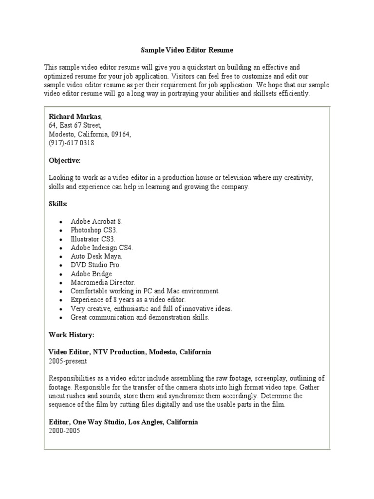 Sample Video Editor Resume Template | PDF
