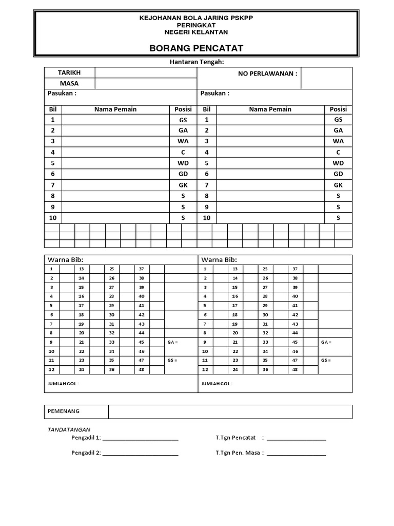 Borang Pencatat N Borang Pertukaran Pemain | PDF