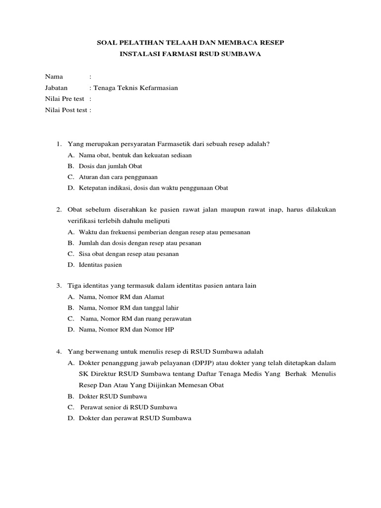Soal Pelatihan Telaah Obat | PDF