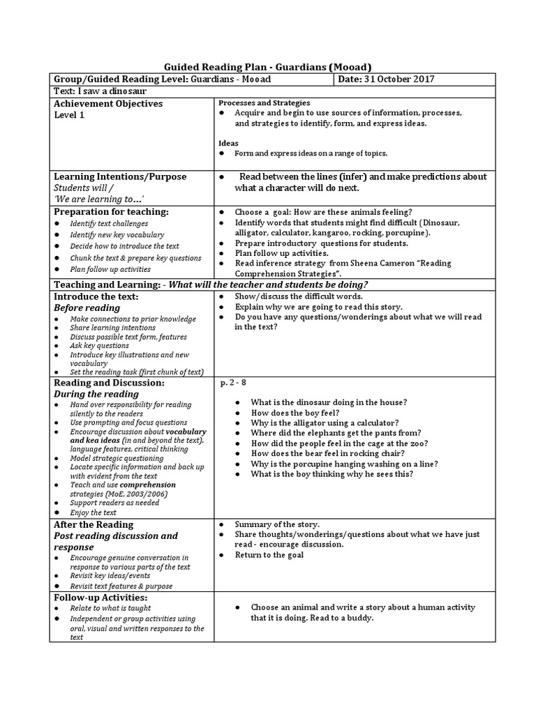 Guided Reading - I Saw A Dinosaur - Guardians Mooad - Yellow I | PDF