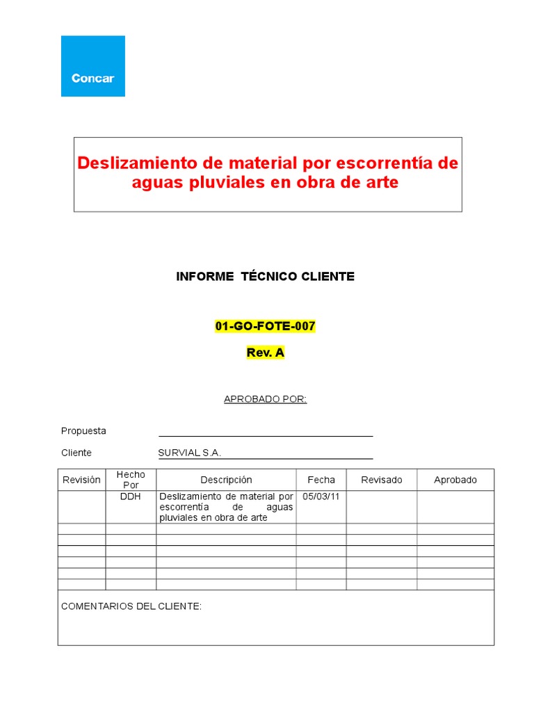 INFORME TECNICO. Deslizamiento Material Por Escorrentía de Agua Pluvial | PDF | Riego | Agua
