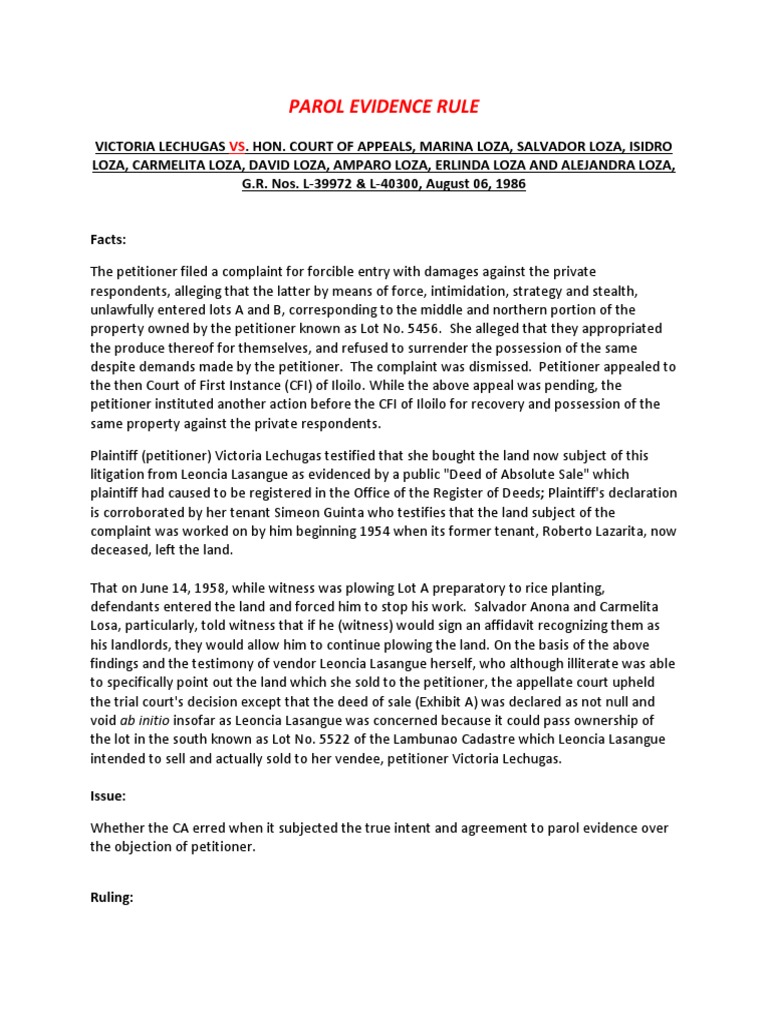 Parol Evidence Rule - Lechugas Vs CA | PDF | Parol Evidence Rule | Lawsuit
