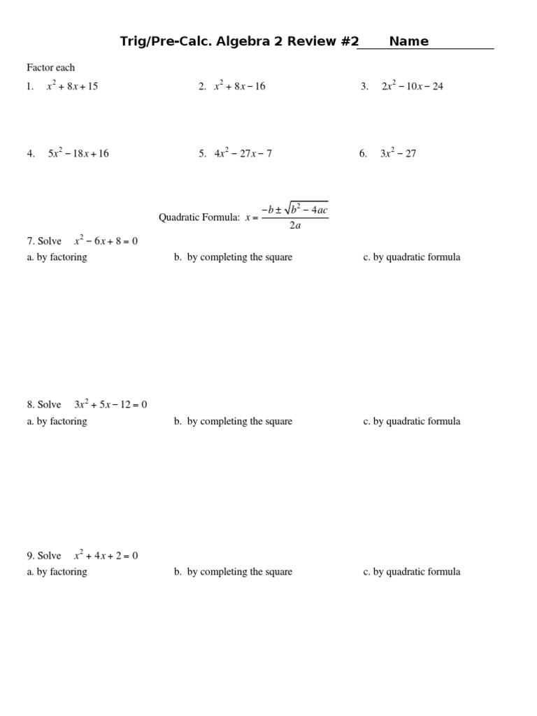 Trig/Pre-Calc. Algebra 2 Review #2 Name | PDF