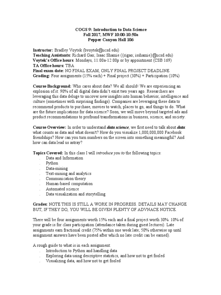 COGS9 Syllabus | PDF | Data Science | Data Analysis