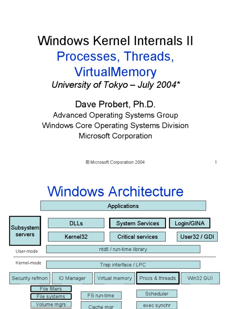 Windows Kernel Internals Ii Processes Threads Virtualmemory Pdf Computer Engineering