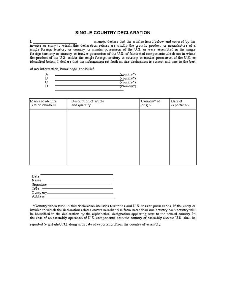 Single Country Declaration | PDF