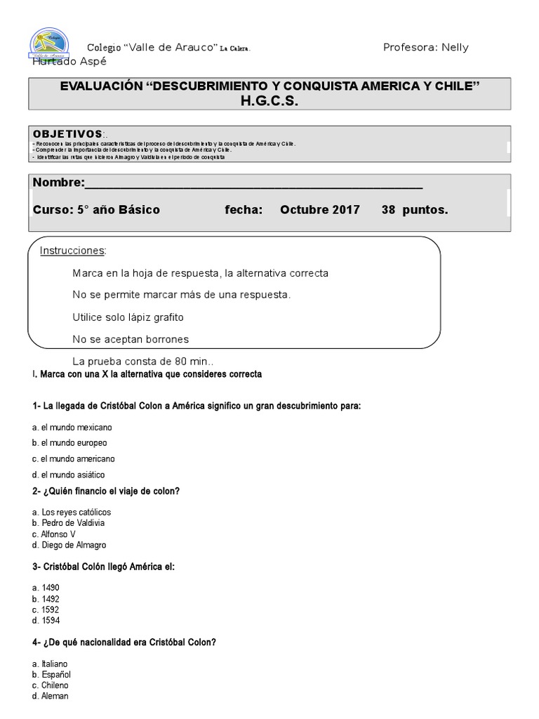 Prueba: Descubrimiento y Conquista América | PDF | Conquistador ...