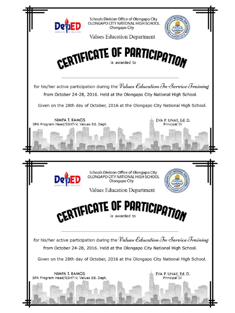 VALUES EDUCATION INSET Certificate of Participation