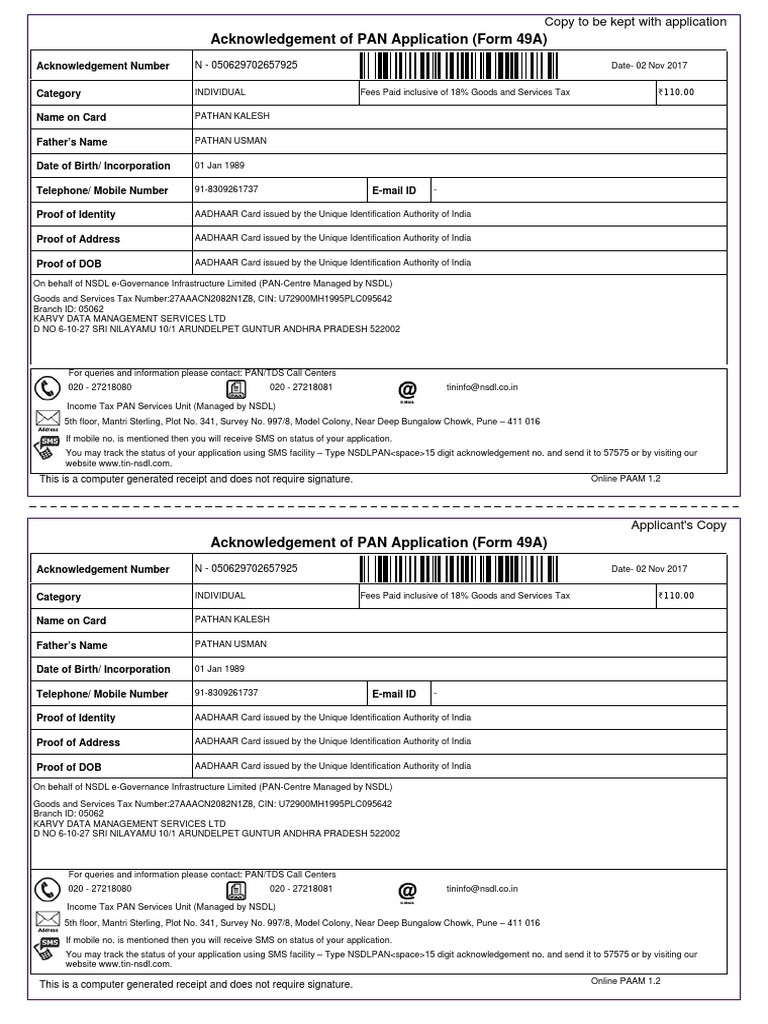Acknowledgement of PAN Application (Form 49A) | PDF | Identity Document ...