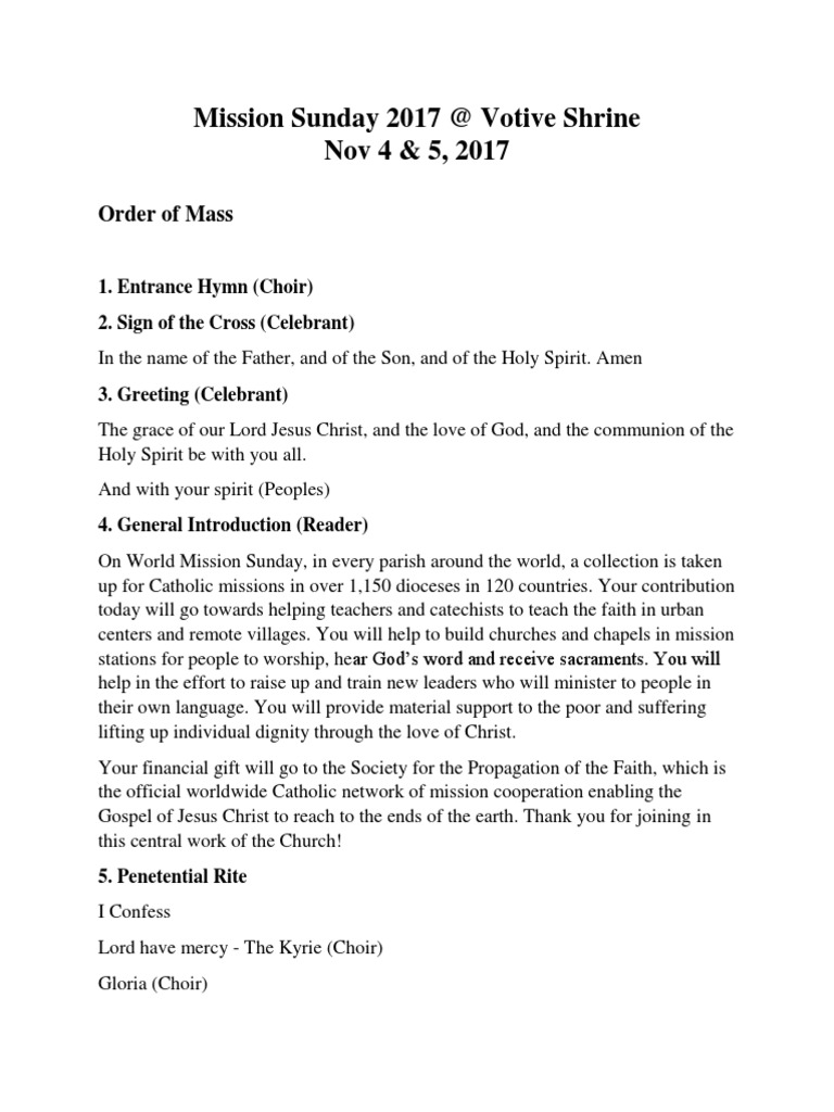 Mission Sunday 2017 - Order of Mass | PDF | Mass (Liturgy) | Eucharist