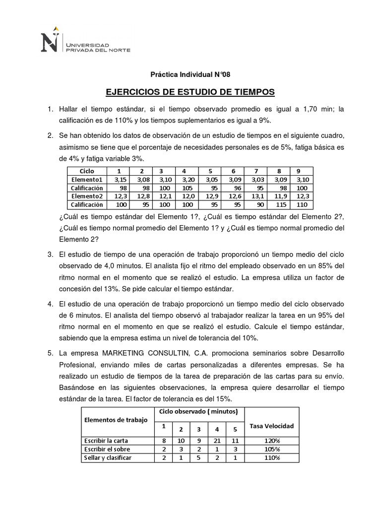 Ejercicios de cálculo de tiempos estándares y normales para diversas ...