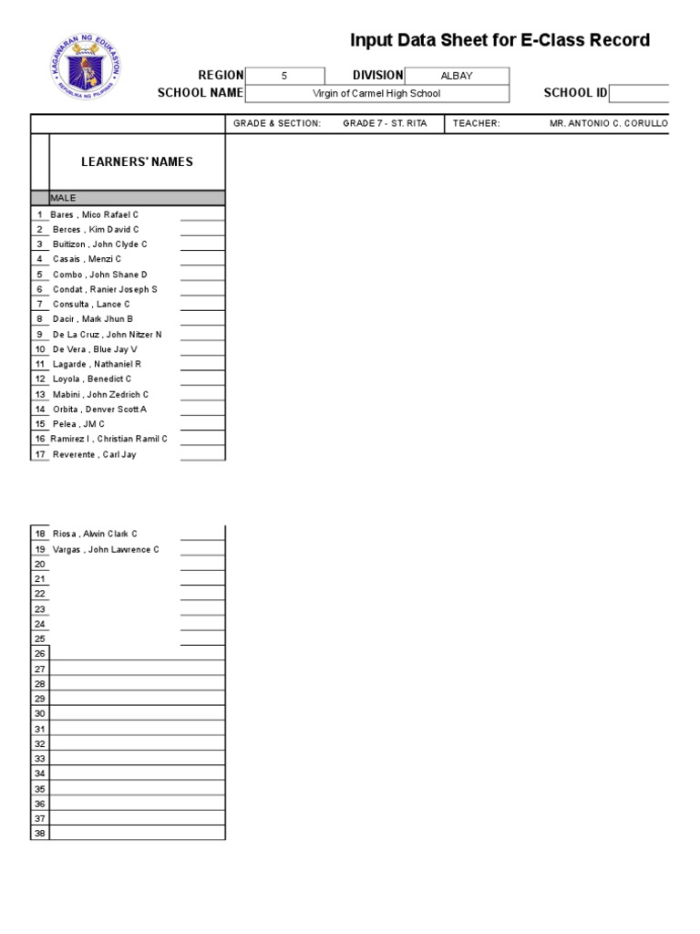Input Data Sheet For E-Class Record: Region Division School Name School Id | PDF