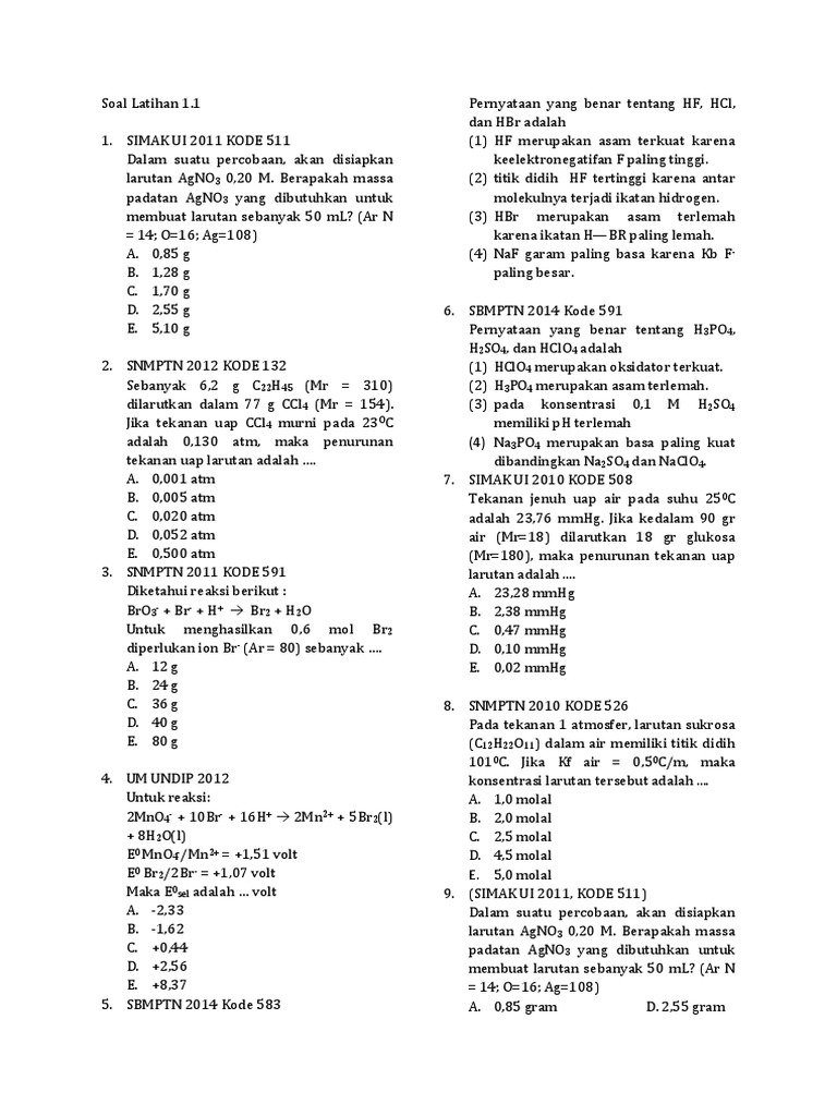 Latihan UTS Kimia XII | PDF | Sains & Matematika