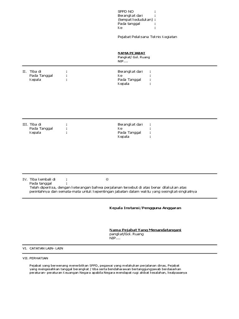 Contoh Format SPPD Perjalanan Dinas ASN Bagian Belakang | PDF