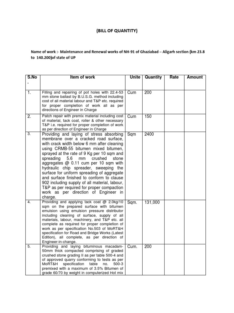 BOQ | Asphalt | Road
