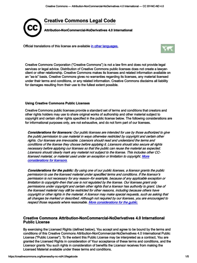 Creative Commons Legal Code: Attribution-Noncommercial-Noderivatives 4. ...