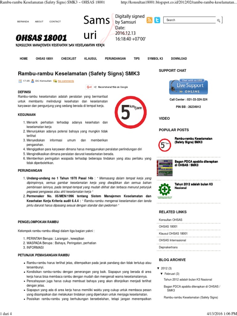 Rambu-Rambu Keselamatan (Safety Signs) SMK3 OHSAS 18001 2 | PDF