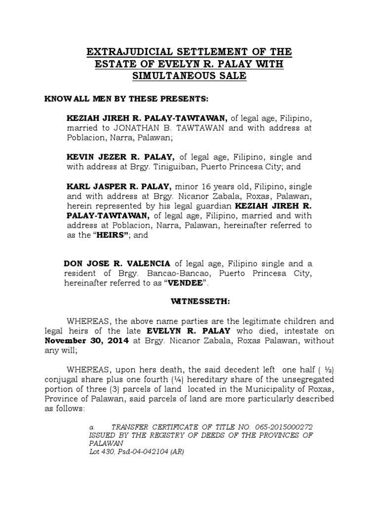 Extrajudicial Settlement Palay | PDF | Property Law | Common Law