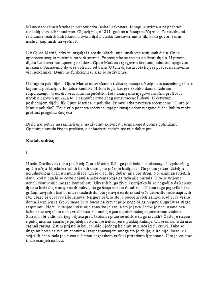 Misao Na Vječnost Kratka Je Pripovijetka Janka Leskovara | PDF