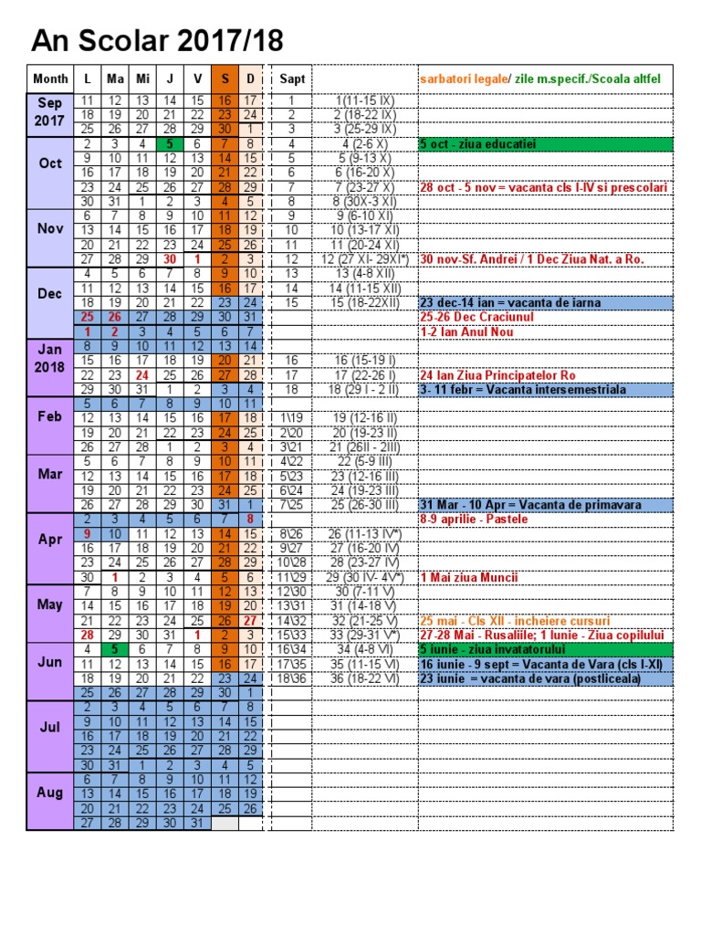Calendar Scolar 2017-2018 | PDF