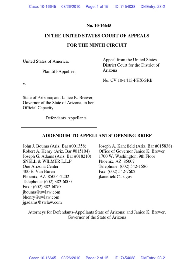 U.S. V STATE OF ARIZONA (APPEAL 9th CIRCUIT) - Addendum To Appellants ... U.S. V STATE OF ARIZONA (APPEAL 9th CIRCUIT) - Addendum To Appellants ...