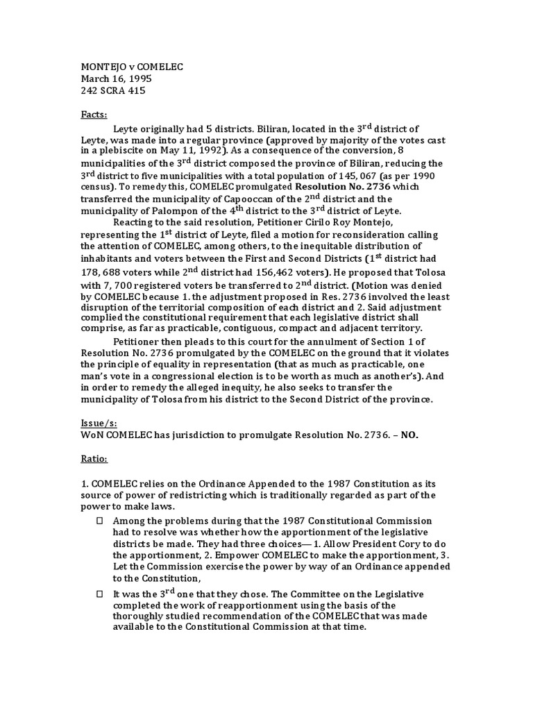 Montejo V Comelec | Download Free PDF | Common Law | Government