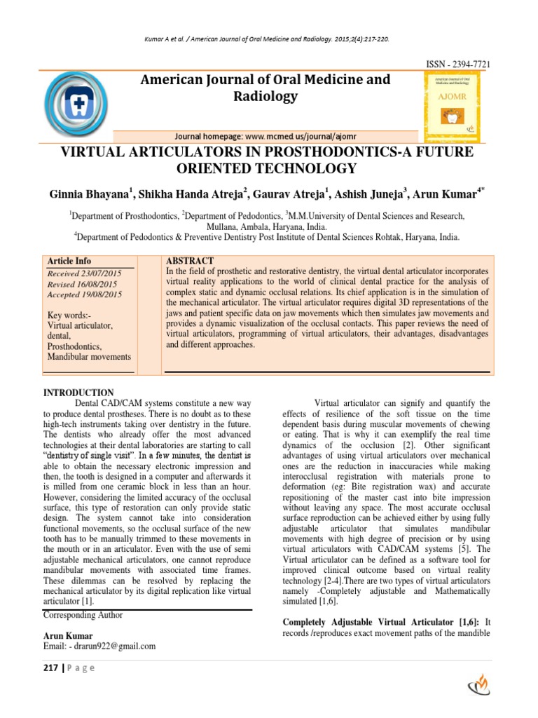 Virtual articulators in prosthodontics: a future oriented technology ...