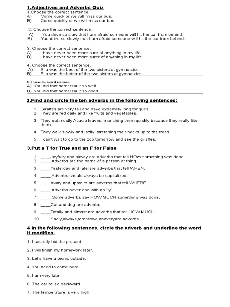 Adjectives and Adverbs Quiz (ASLI) | PDF | Adverb | Verb
