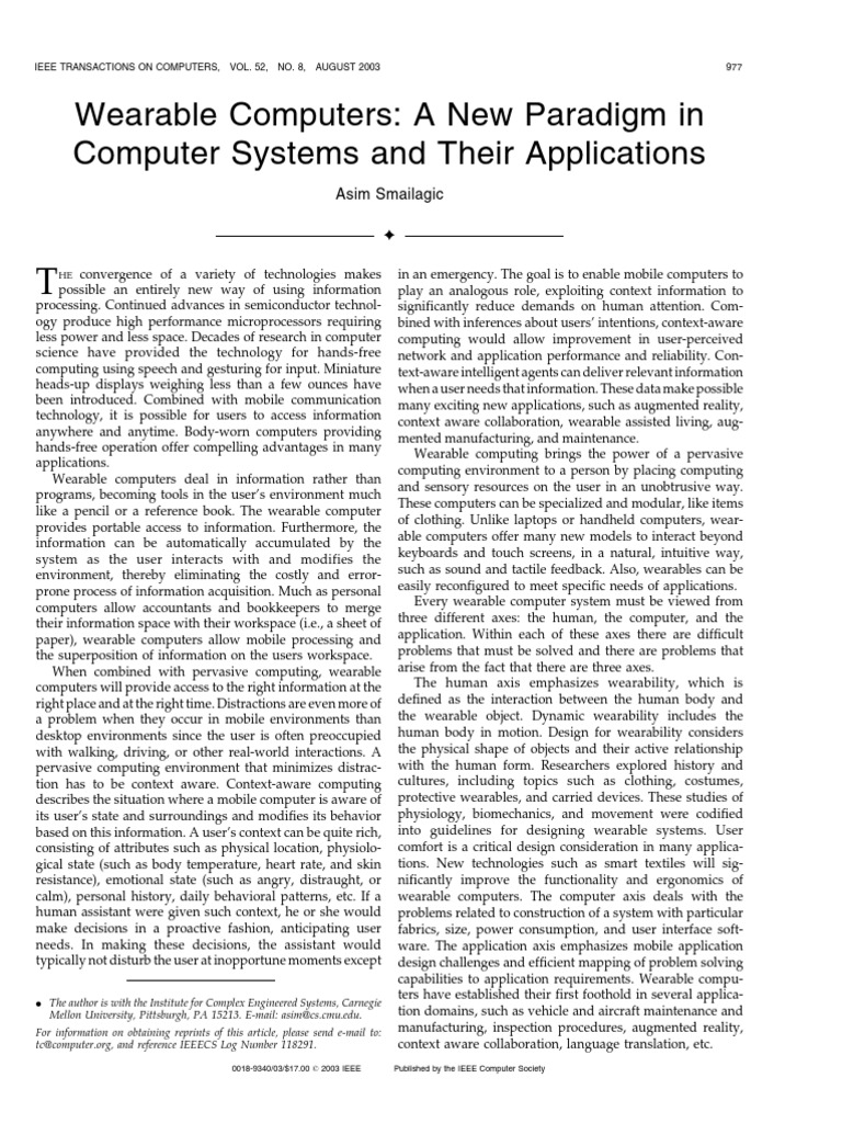 Wearable Computers: A New Paradigm in Computer Systems and Their ...