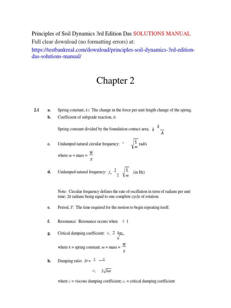 Principles of Soil Dynamics 3rd Edition Das Solutions Manual PDF | PDF ...
