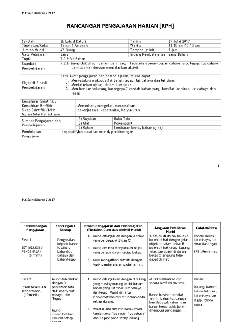 Contoh RPH PLC Sains | PDF