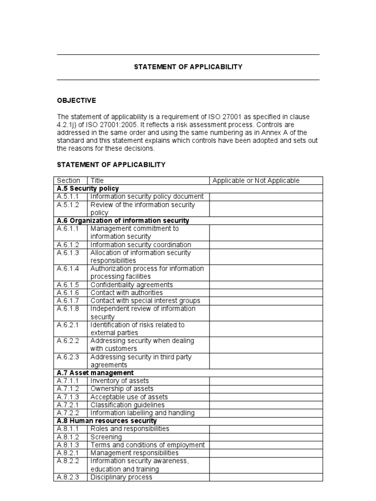 ISO 27001 Statement of Applicability | PDF | Information Security ...