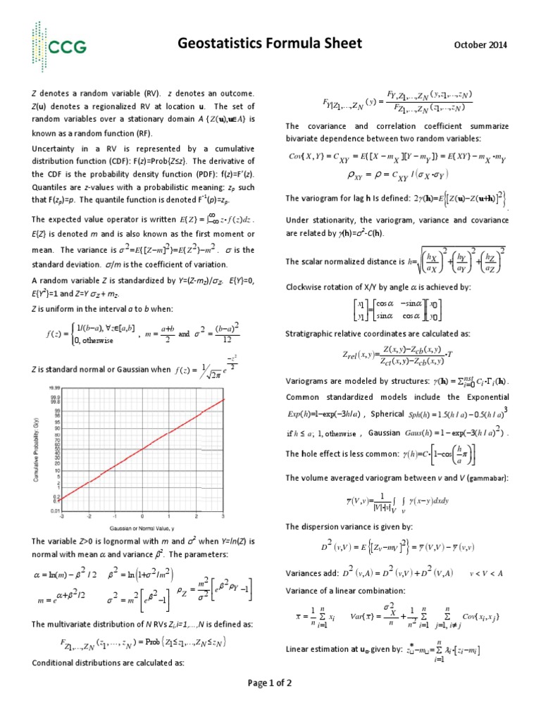 Geostatistics Formula Sheet Pdf Covariance Variance