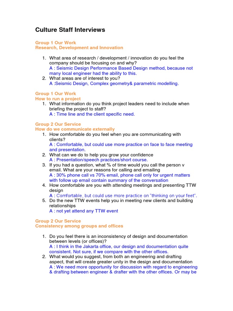 Culture Staff Interviews: Group 1 Our Work Research, Development and ...