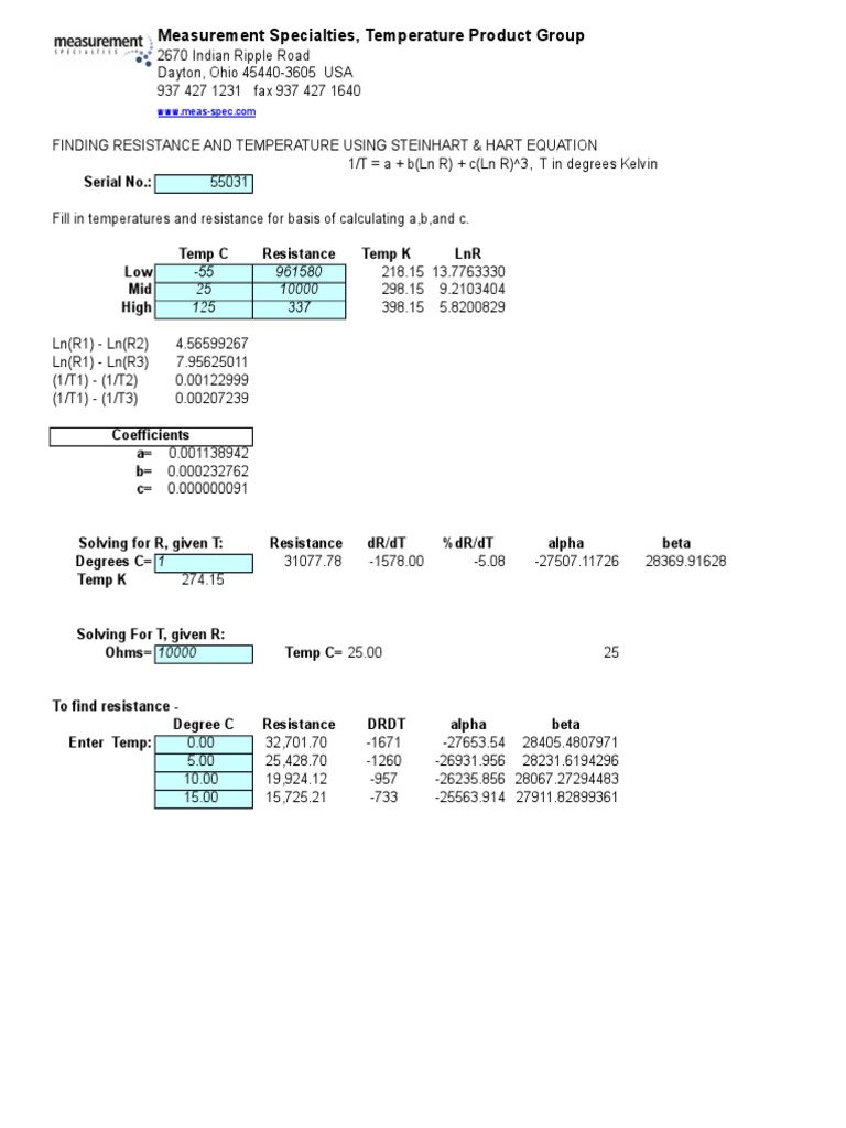 Steinhart and Hart Calculator | PDF | Thermodynamic Properties ...