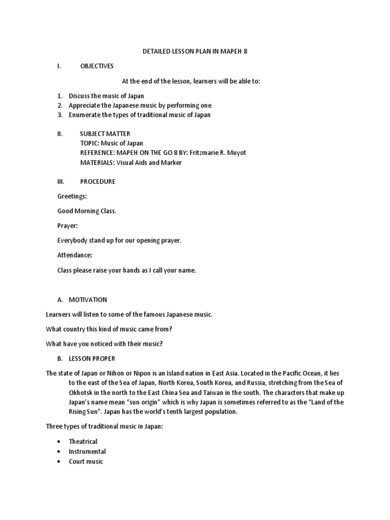 MAPEH 8: Music of Japan Lesson Plan | PDF | Travel | Art