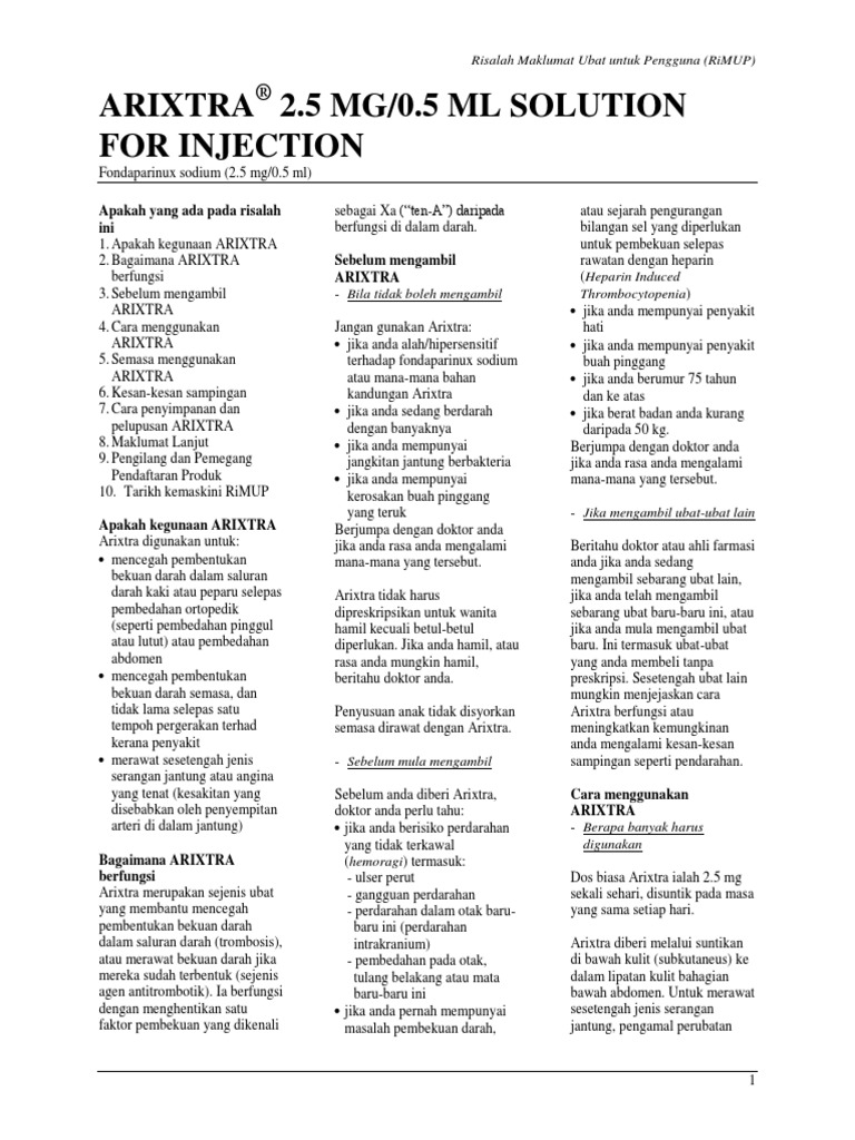 Arixtra 2.5mg Per 0.5ml (Fondaparinux) | PDF