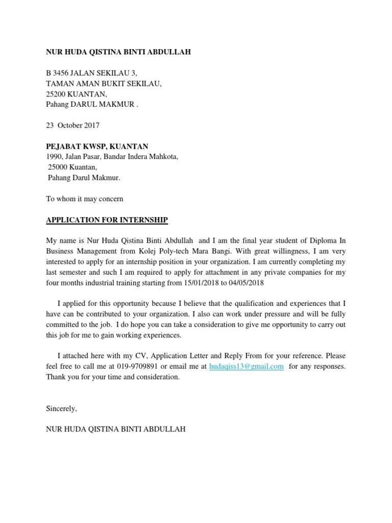 Cover Letter Huda Qistina | PDF