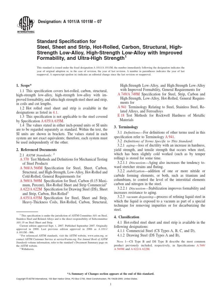 Astm A 1011-07 | PDF | Rolling (Metalworking) | Steel