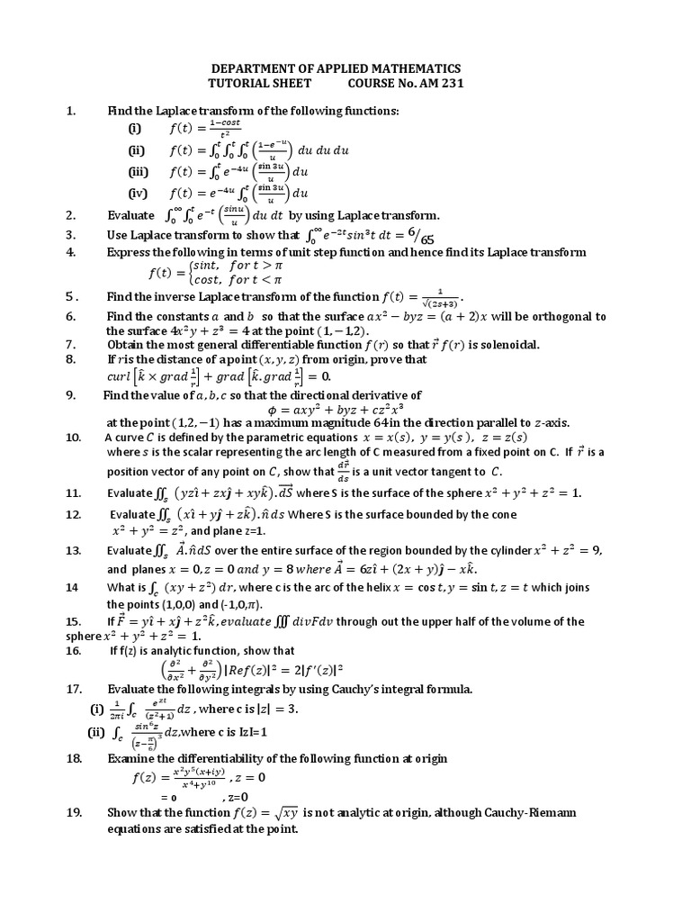 Department of Applied Mathematics Tutorial Sheet Course No. Am 231 | PDF | Derivative | Laplace ...