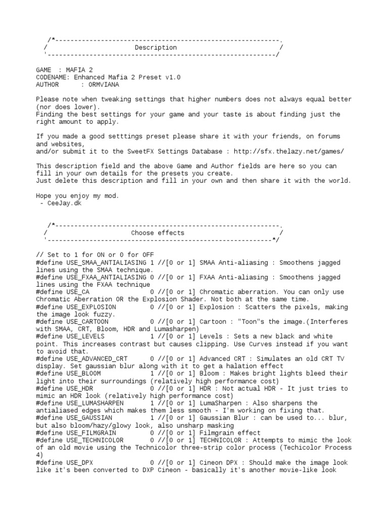 SweetFX - Settings - Mafia II - Enhanced Mafia 2 Preset v1.0 | PDF ...