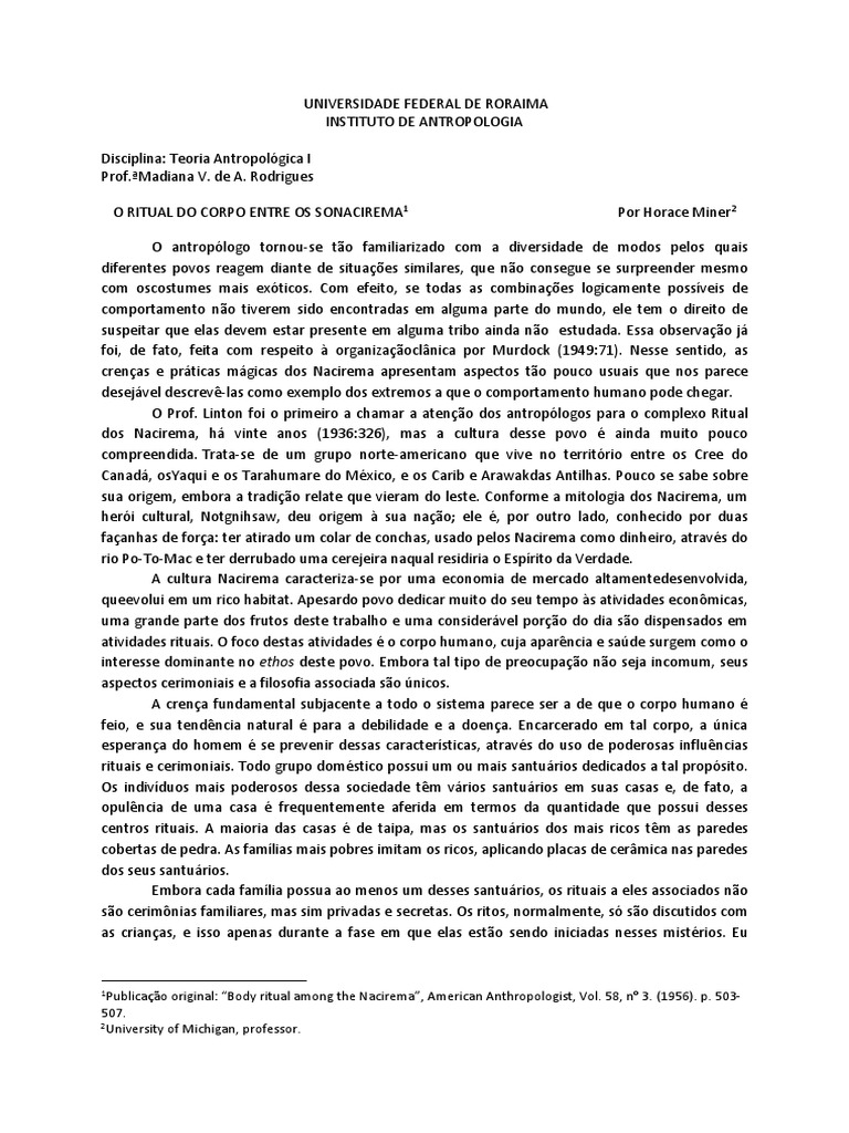 Sonacirema | PDF | Rituais | Antropologia