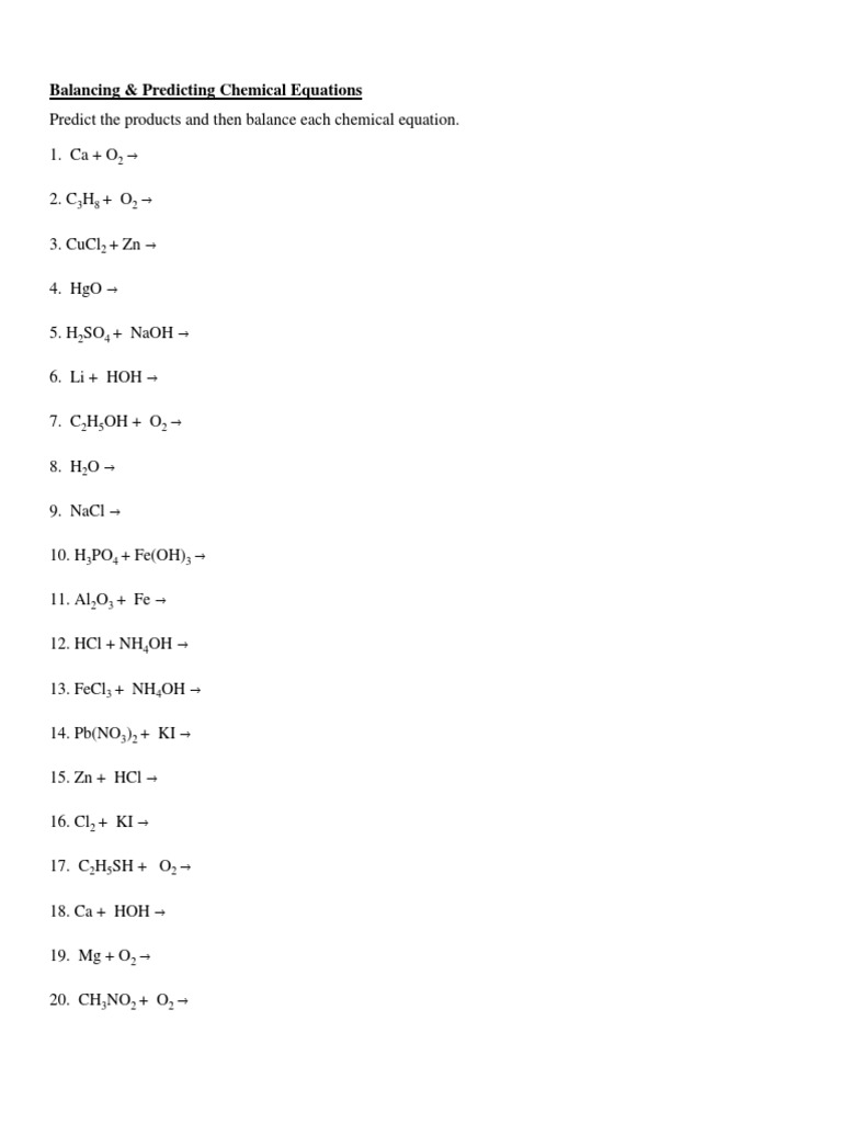 8 Balancing Prediciting Chemical Equations Exercise With Answers | PDF
