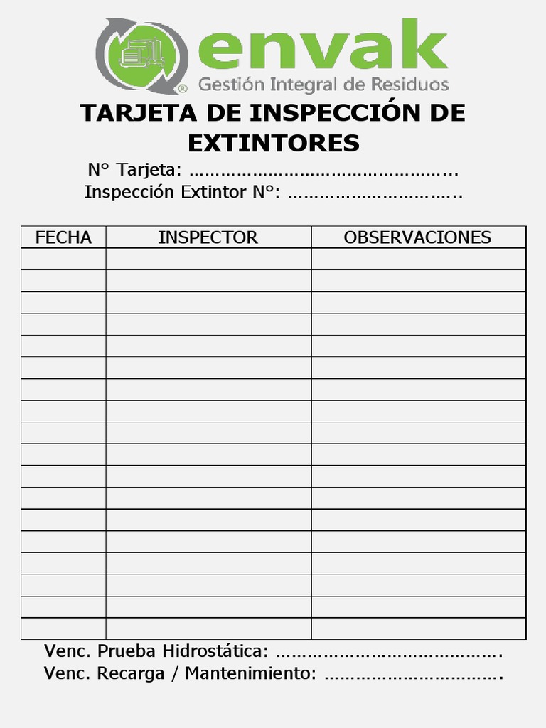 Tarjeta de Inspección de Extintores ENVAK | PDF
