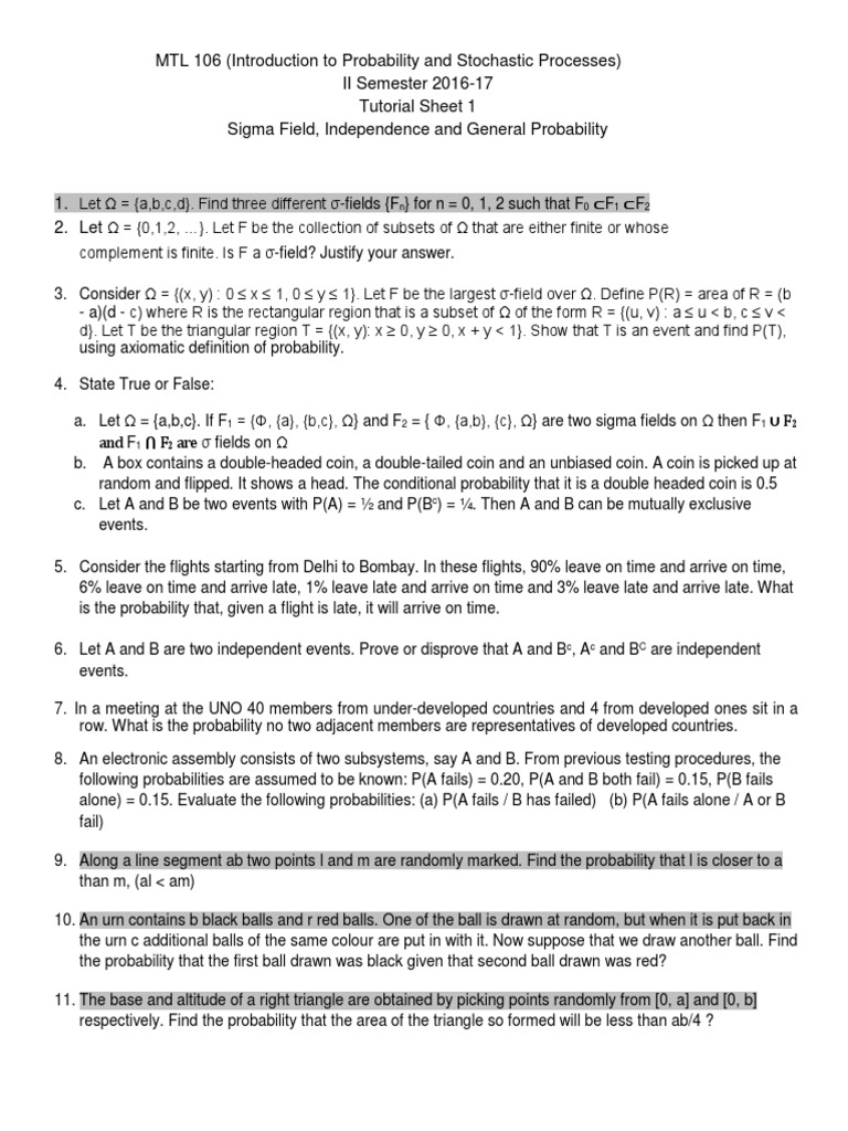 Tut1 Sigma Field Independence General Prob | PDF | Probability | Probability Theory